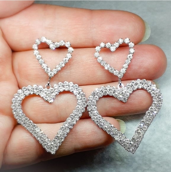 Jewelry | Luxury Double Heart Rhinestones Drop Earings | Poshmark